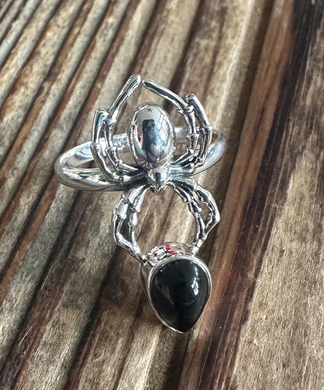 Onyx Black Widow Spider Sterling Silver Ring, Faceted Teardrop Gem ...