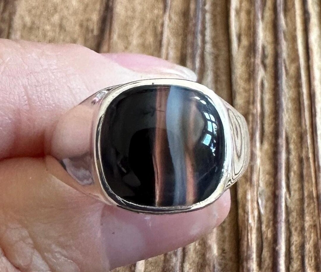 Banded Agate Sterling Silver Ring, Size 8.5, Black White Gem, Natural ...