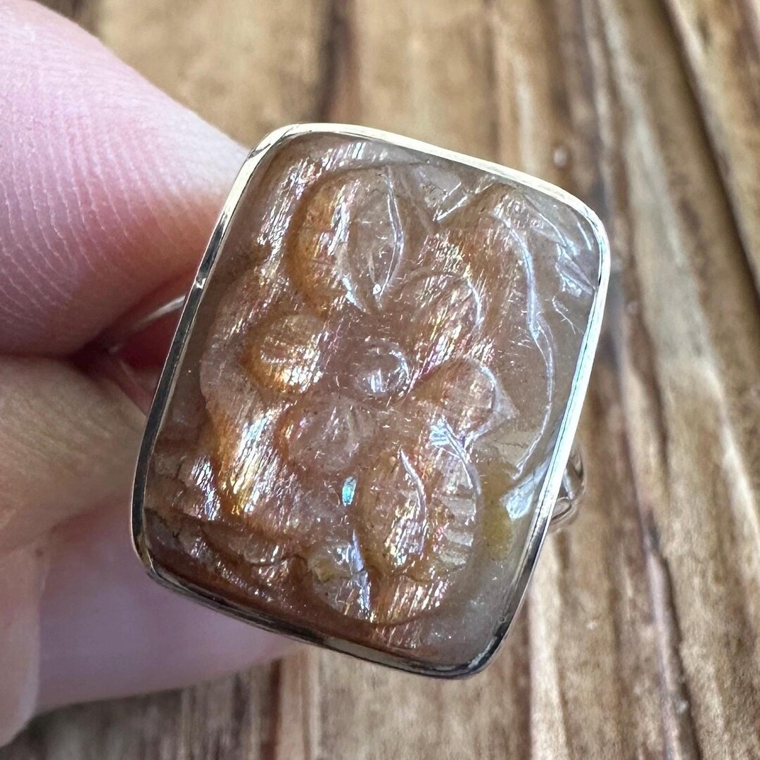 Carved Sunstone Sterling Silver Ring, Size 8.5, Orange Sparkle ...