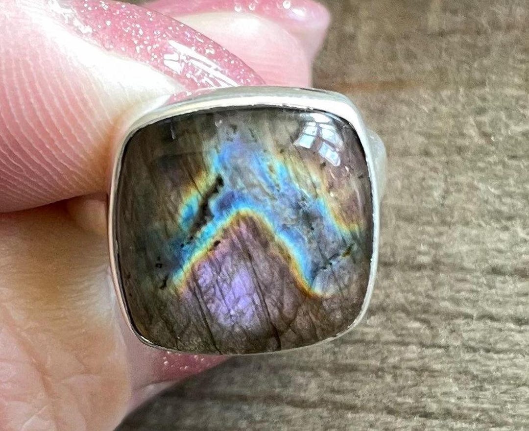 Spectrolite Labradorite Sterling Silver Ring, Size 7.5, Square Cushion ...