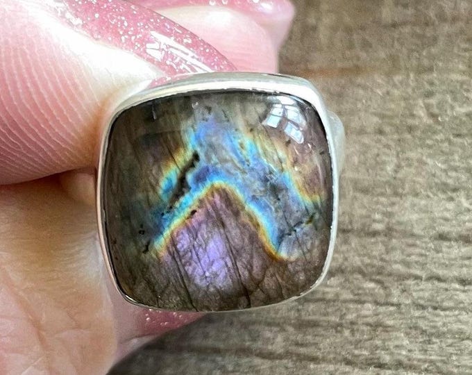 Spectrolite Labradorite Sterling Silver Ring, Size 7.5, Square Cushion ...