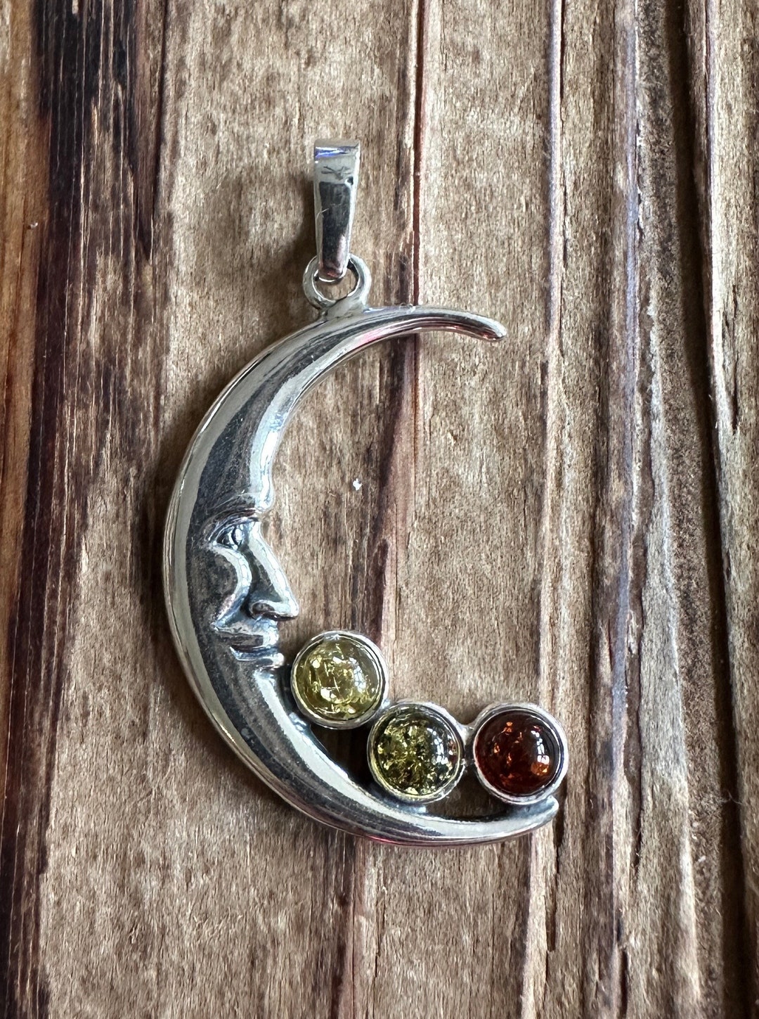 Multi Color Amber Sterling Silver Crescent Moon Pendant, Green Honey ...