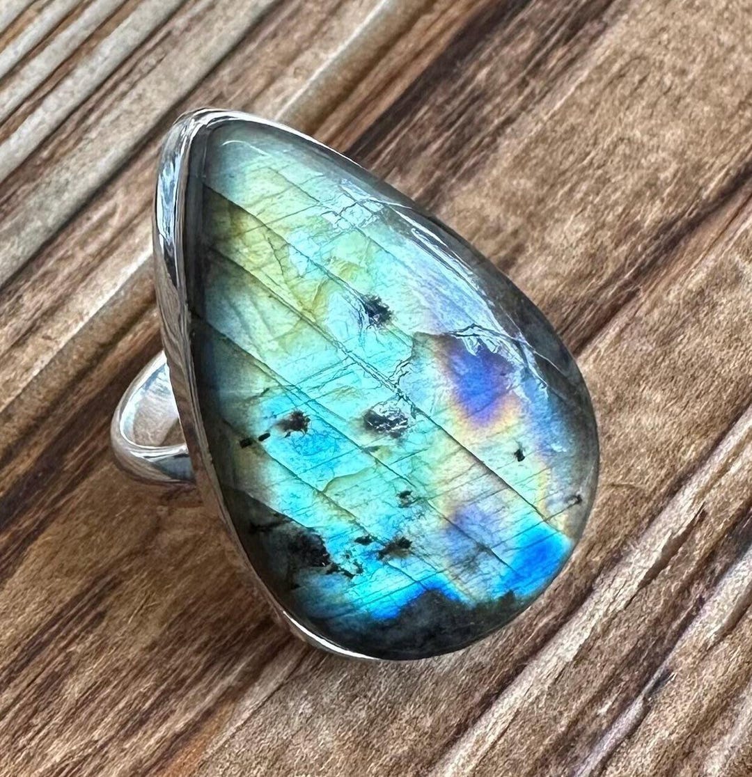 Spectrolite Labradorite Sterling Silver Ring, Size 8, Pear Teardrop Gem ...
