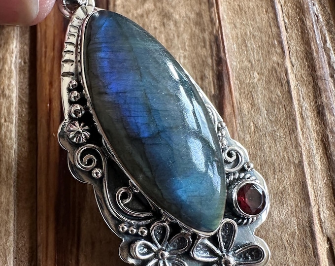 Labradorite & Garnet Sterling Silver Pendant, Blue Flash Marquise Gem, Floral Flower Design ...