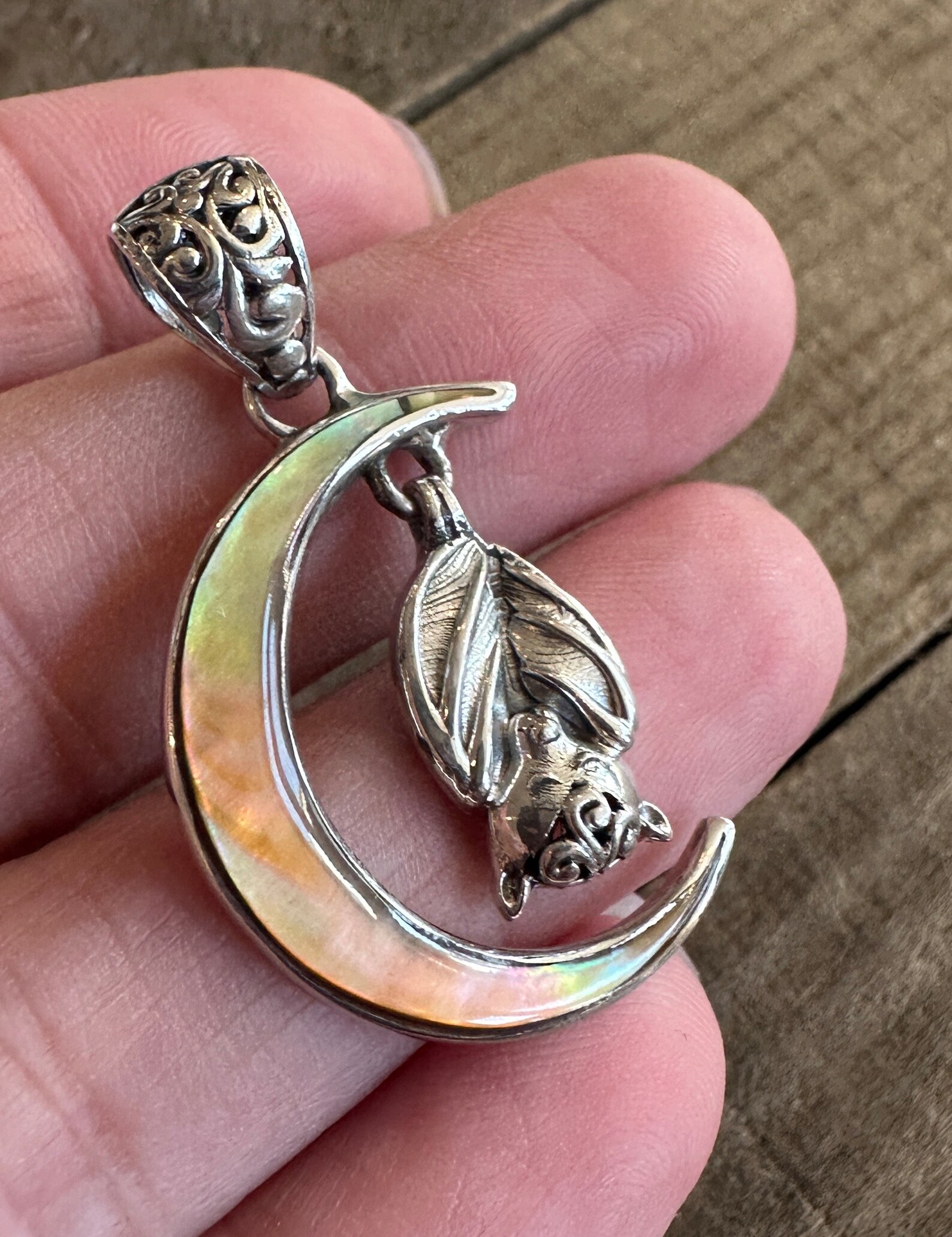 Rainbow Mother of Pearl Sterling Silver Crescent Moon & Bat Pendant ...
