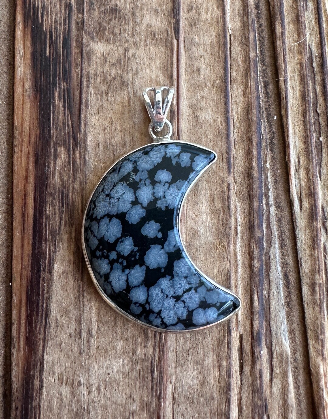 Snowflake Obsidian Sterling Silver Crescent Moon Pendant, Black White ...
