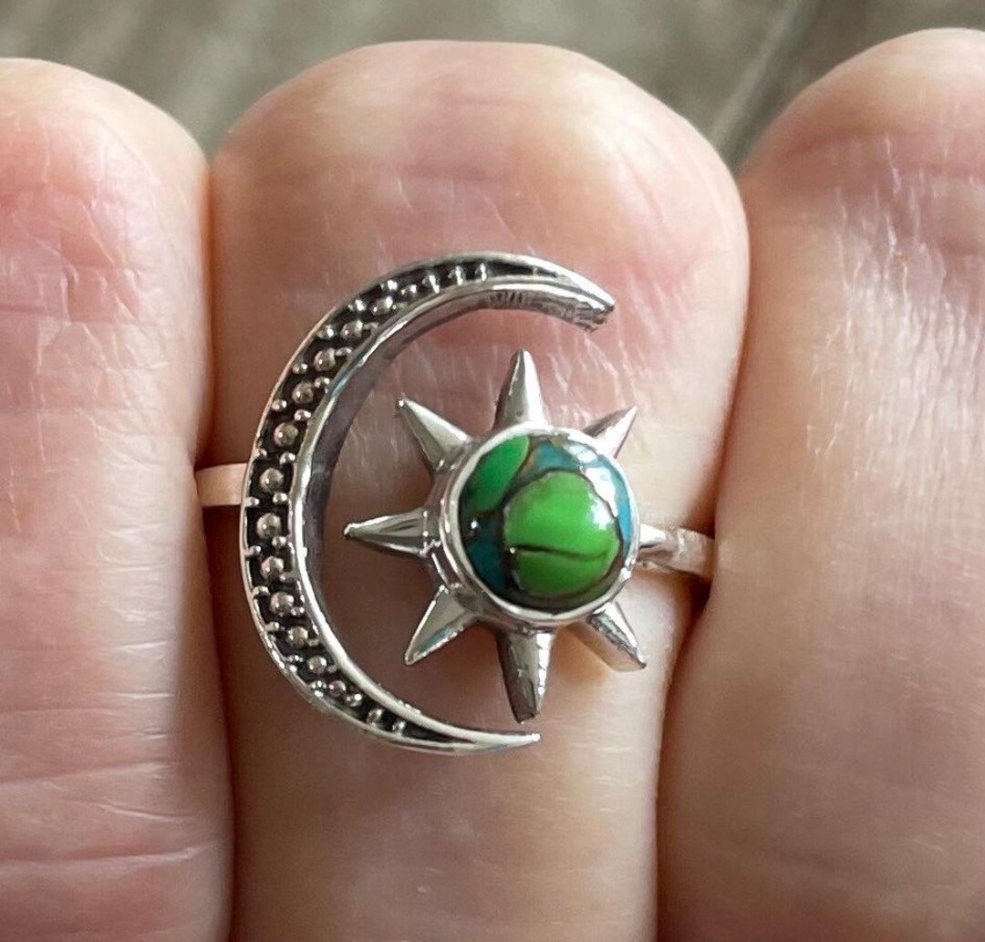 Sun & Crescent Moon Multi Copper Turquoise Sterling Silver Ring, Size 8 ...