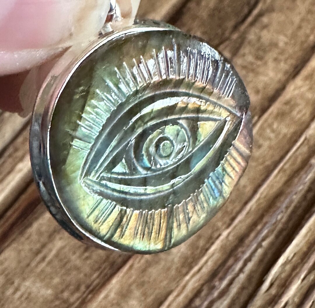 Carved Labradorite Sterling Silver Pendant, Evil Eye Gem, Orange Yellow ...