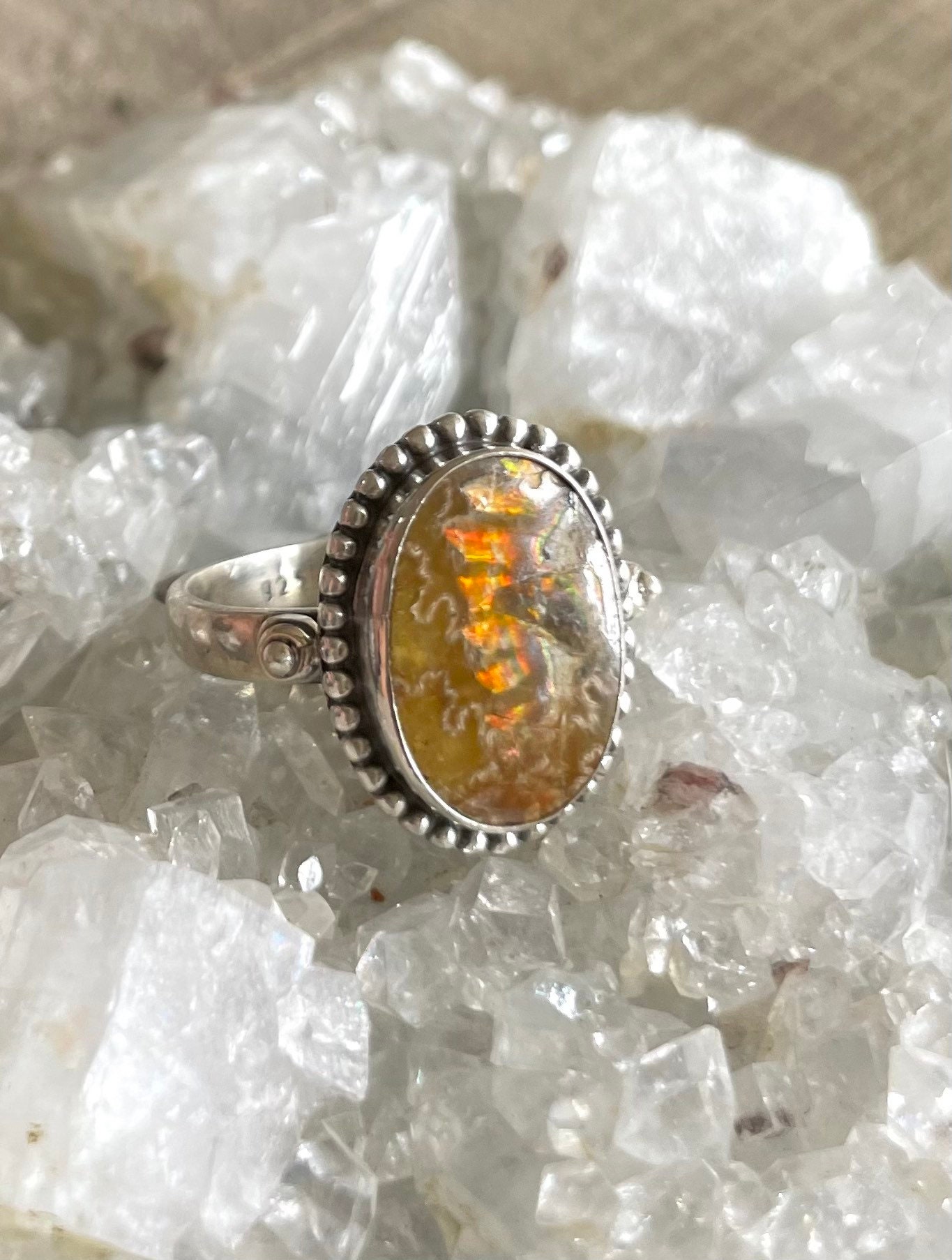 Sutured Ammonite With Red Ammolite Sterling Silver Ring Size - Etsy