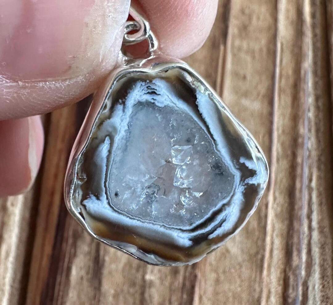 Geode Drusy Sterling Silver Pendant, Vug Crystal Pocket Gem, Natural ...