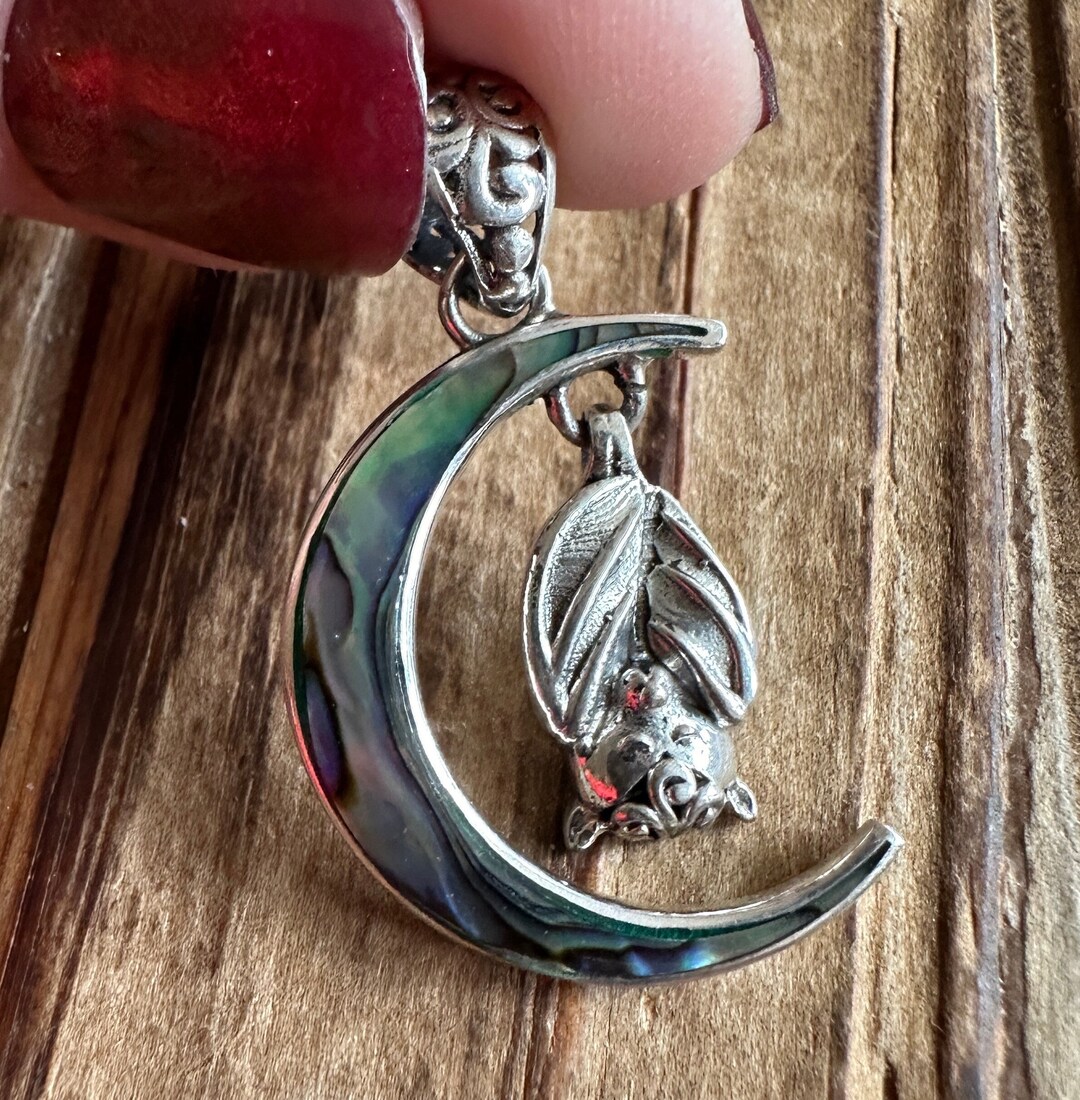 Abalone Sterling Silver Crescent Moon & Bat Pendant, Colorful Inlay ...
