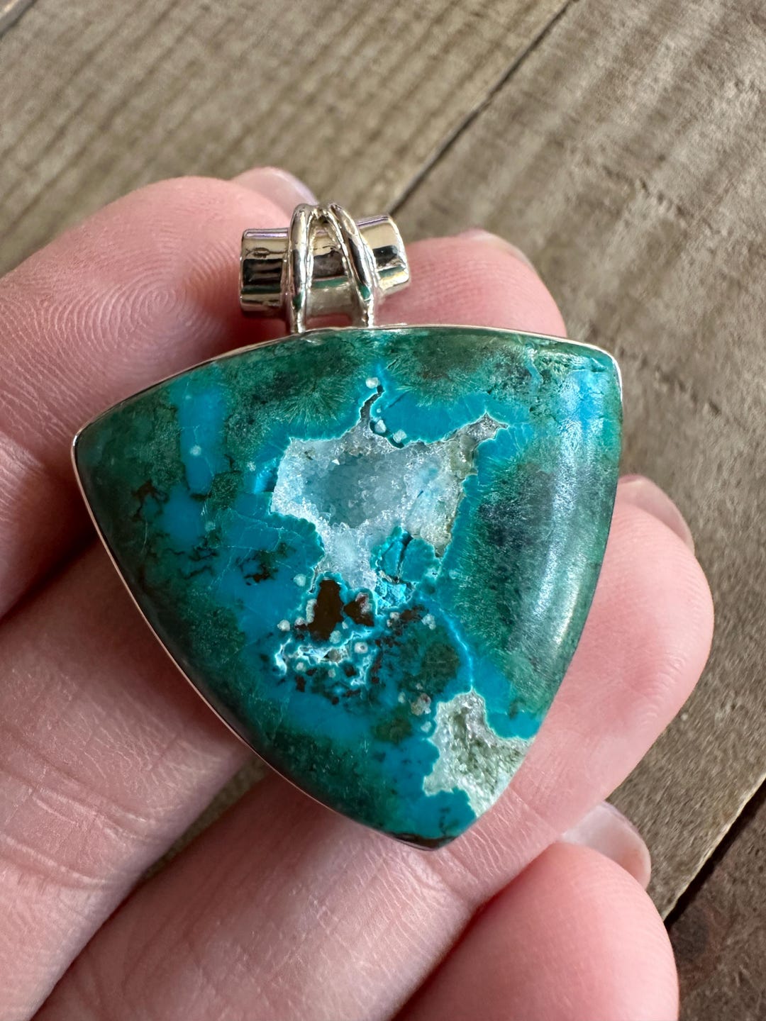 Malachite in Chrysocolla Drusy Sterling Silver Pendant, Trilliant Gem, Natural Gemstone Jewelry ...