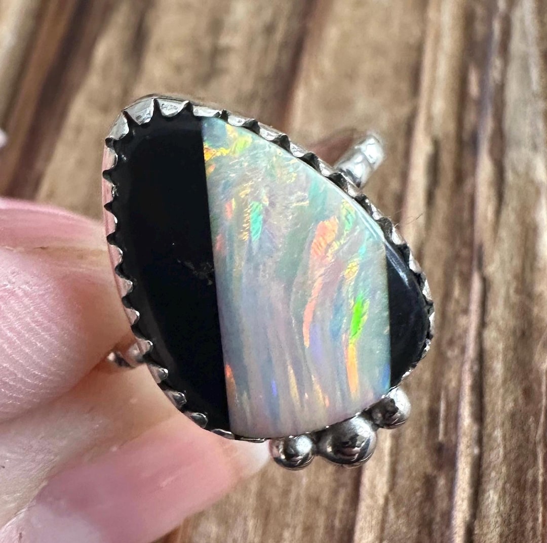 Black Onyx & Opal Inlay Sterling Silver Ring, Size 9.5, Fire Opal ...