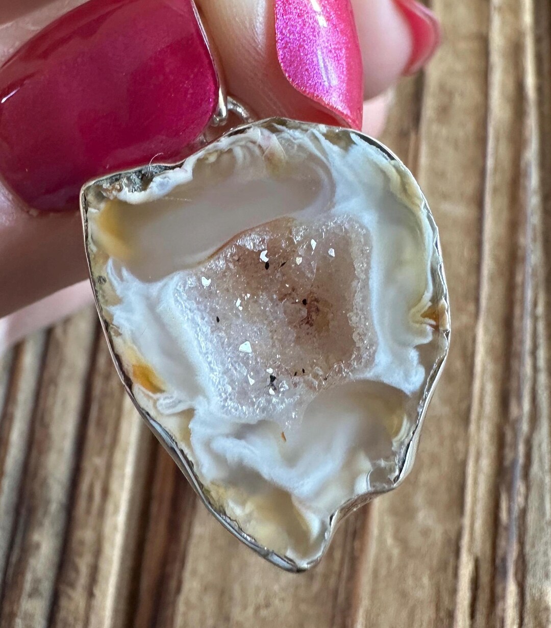 Agate Geode With Drusy Sterling Silver Pendant, Banded Sparkly Druzy ...