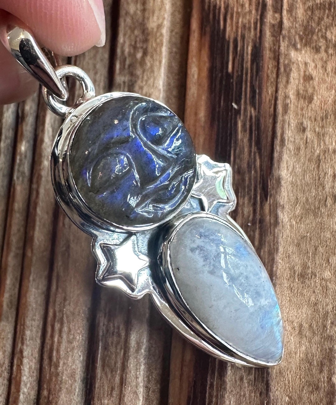 Carved Labradorite Moon Face & Rainbow Moonstone Sterling Silver ...