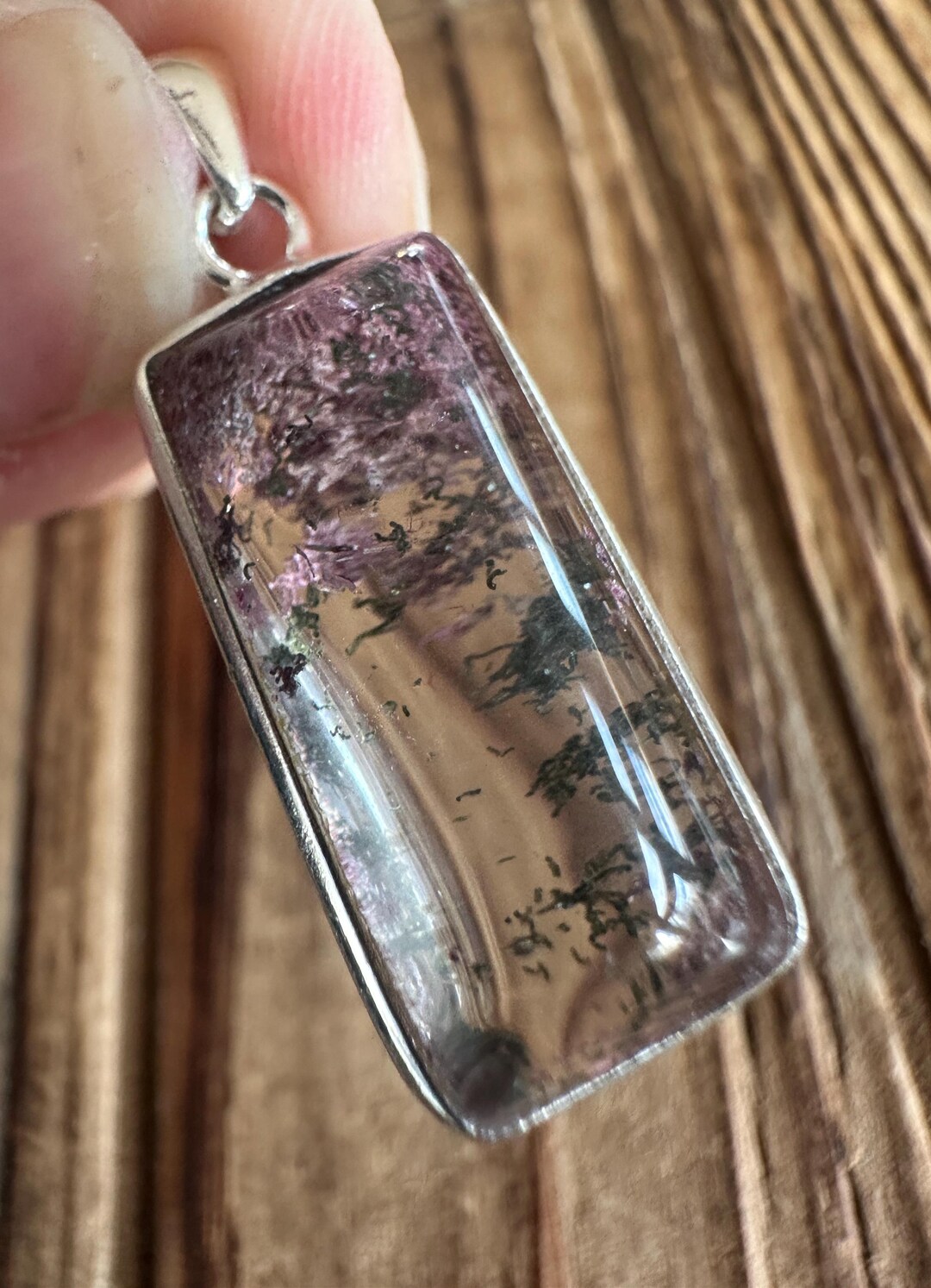 Lodolite Sterling Silver Elongated Pendant, Green Pink Scenic Quartz ...
