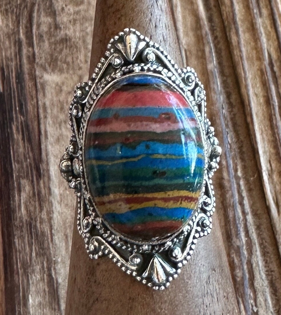 Rainbow Calsilica Sterling Silver Ring, Size 6.5, Mexican Gem, Banded ...