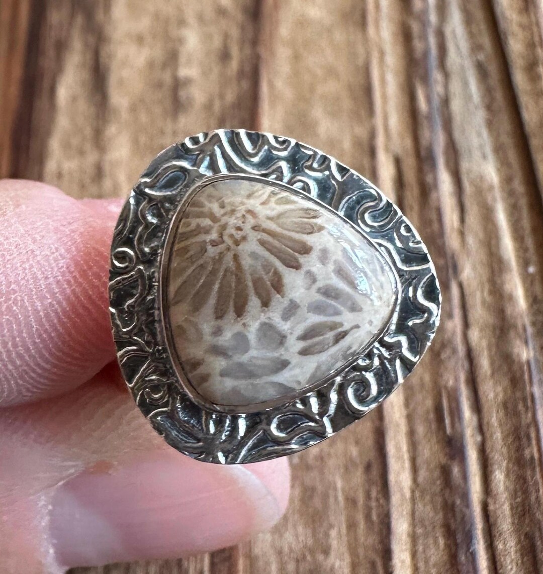 Fossil Coral Sterling Silver Ring, Size 7.75, Indonesian Gem ...