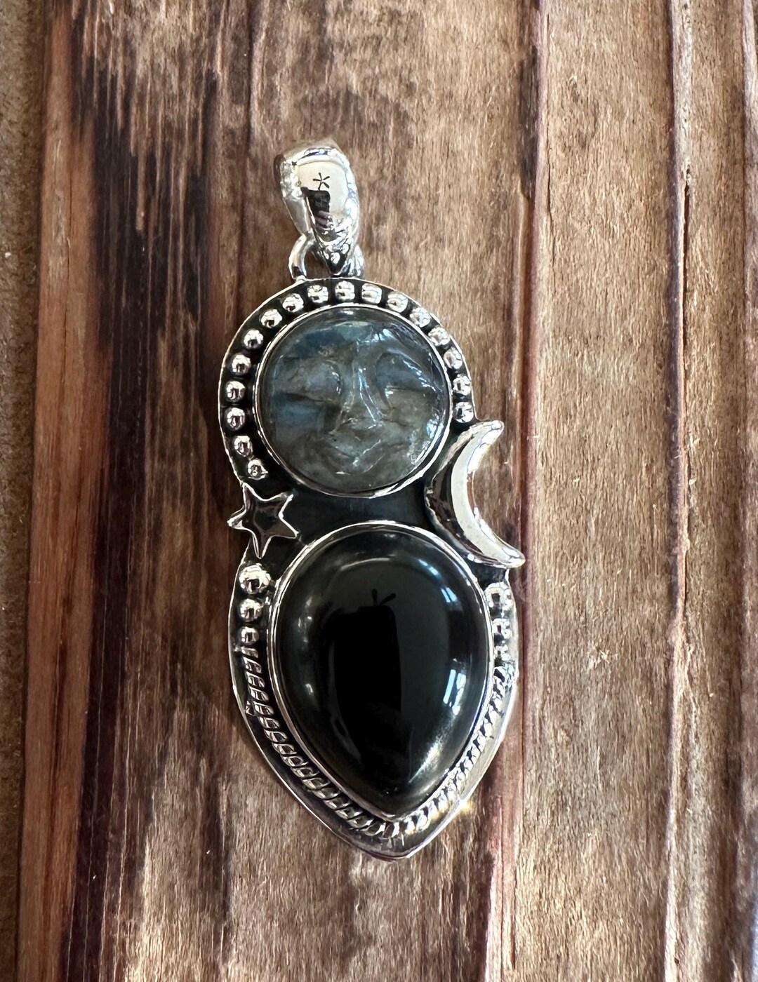 Carved Labradorite Moon Face & Black Onyx Sterling Silver Pendant, Hand ...