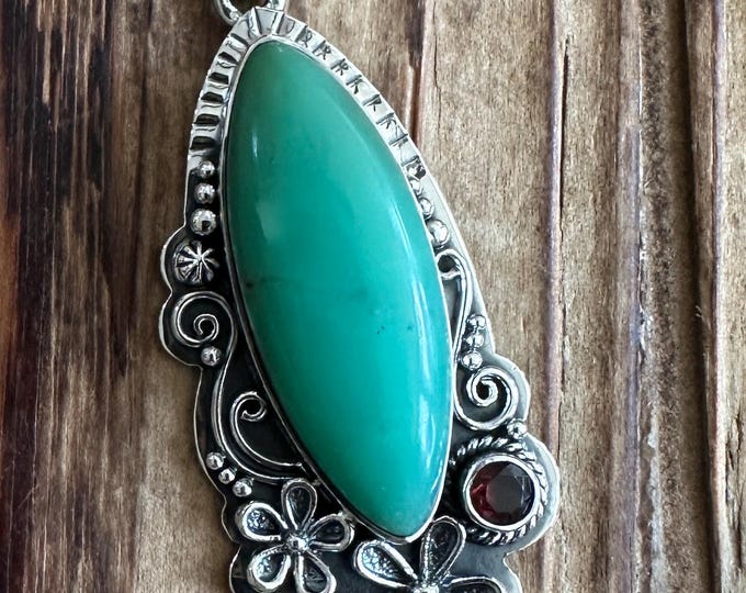 Chrysoprase & Garnet Sterling Silver Pendant, Green Red Gems, Marquise ...