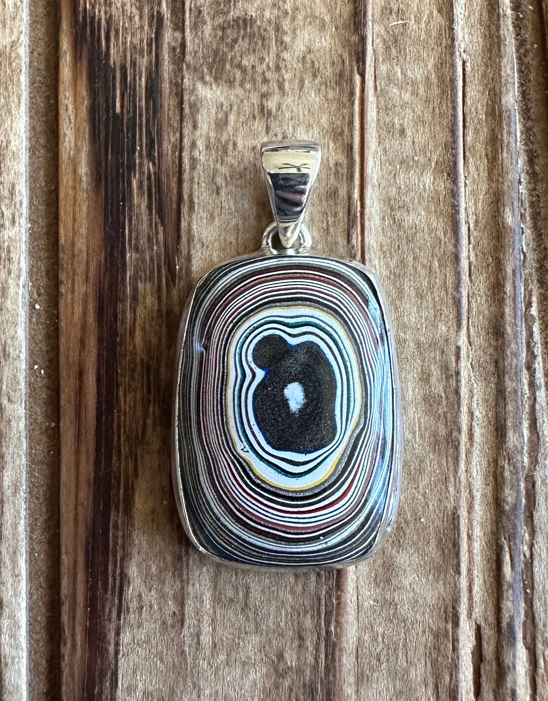 Fordite Sterling Silver Pendant, Detroit Agate Gem, Black Blue Red ...