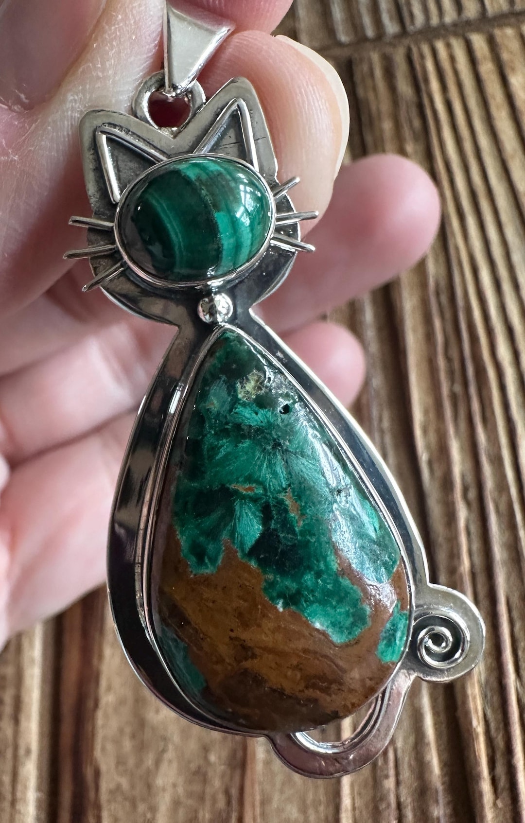 Chrysocolla & Malachite Sterling Silver Kitty Pendant, Green Gems ...