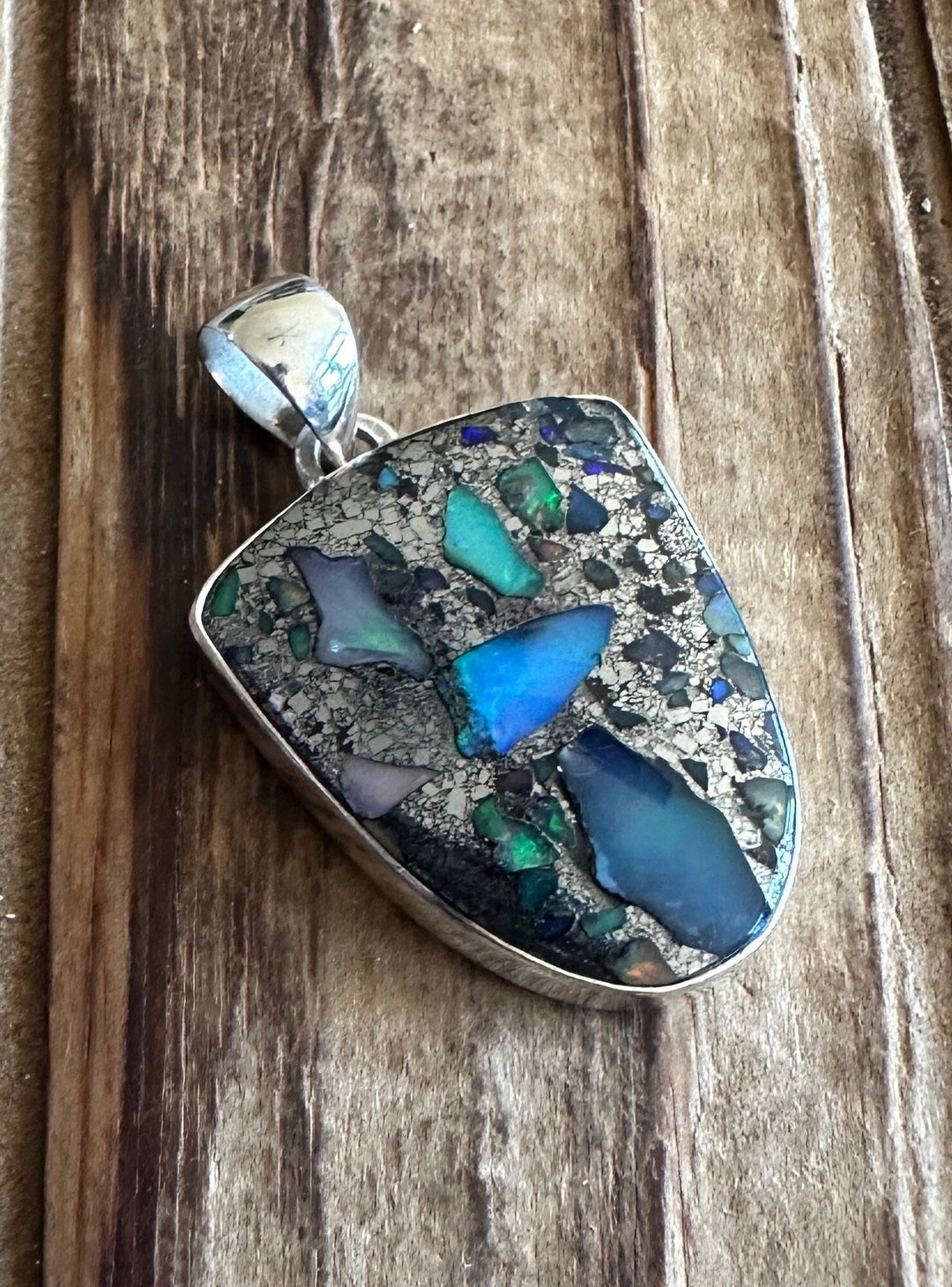 Ethiopian Opal in Pyrite Sterling Silver Pendant, Colorful Opals, Flash ...
