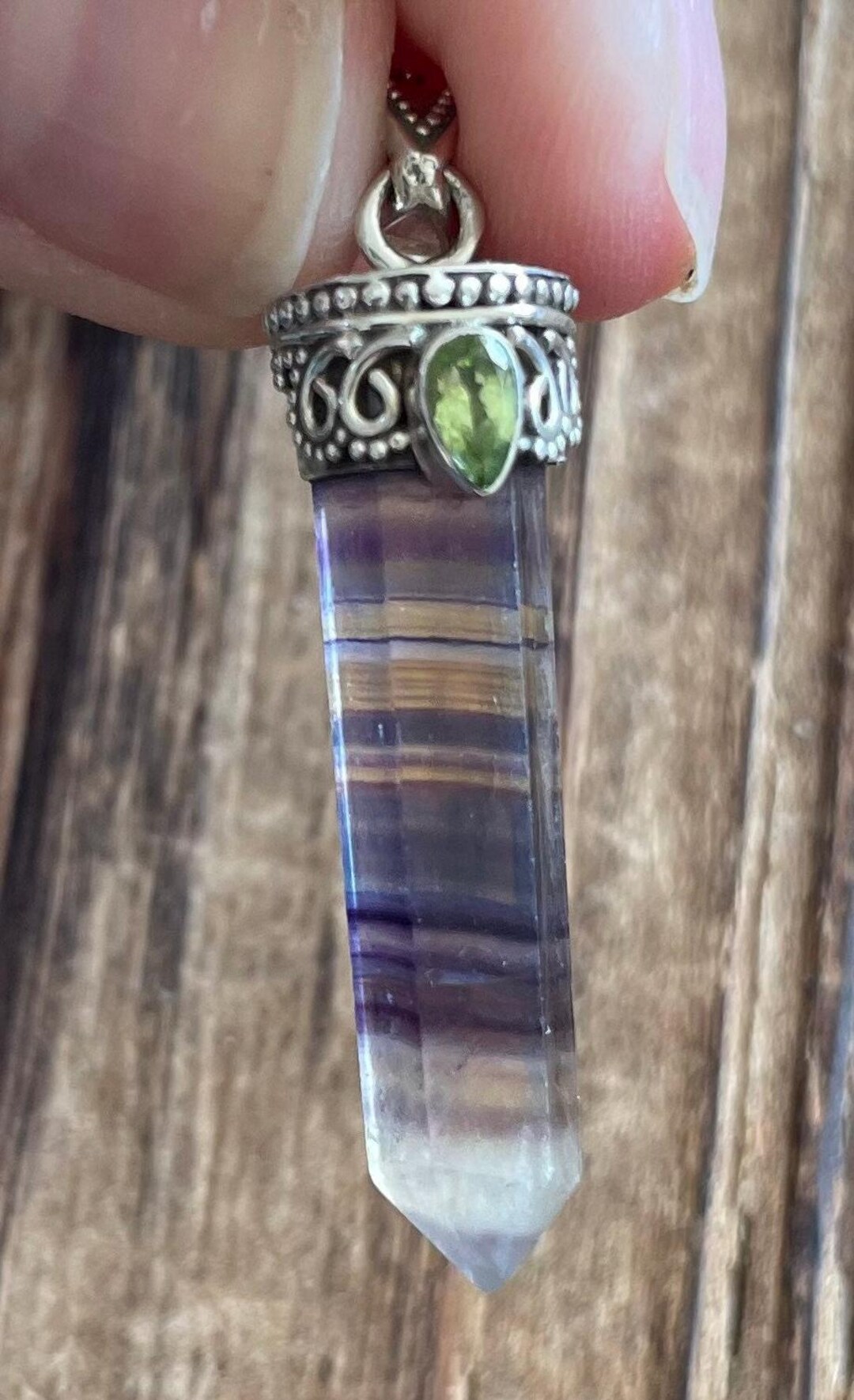 Rainbow Fluorite & Peridot Sterling Silver Pendant, Purple Green Yellow ...