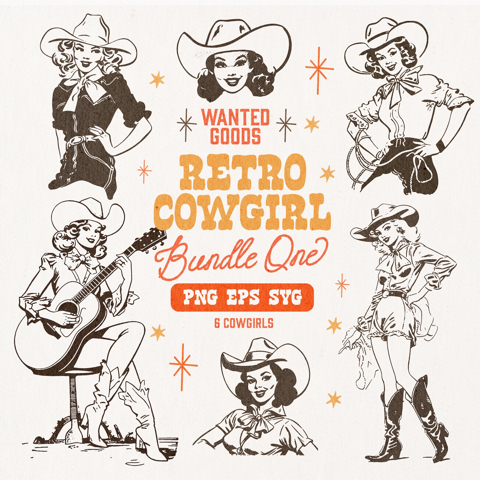 Retro Cowgirl Clipart Bundle: Vintage Western Graphics (PNG, SVG, EPS ...