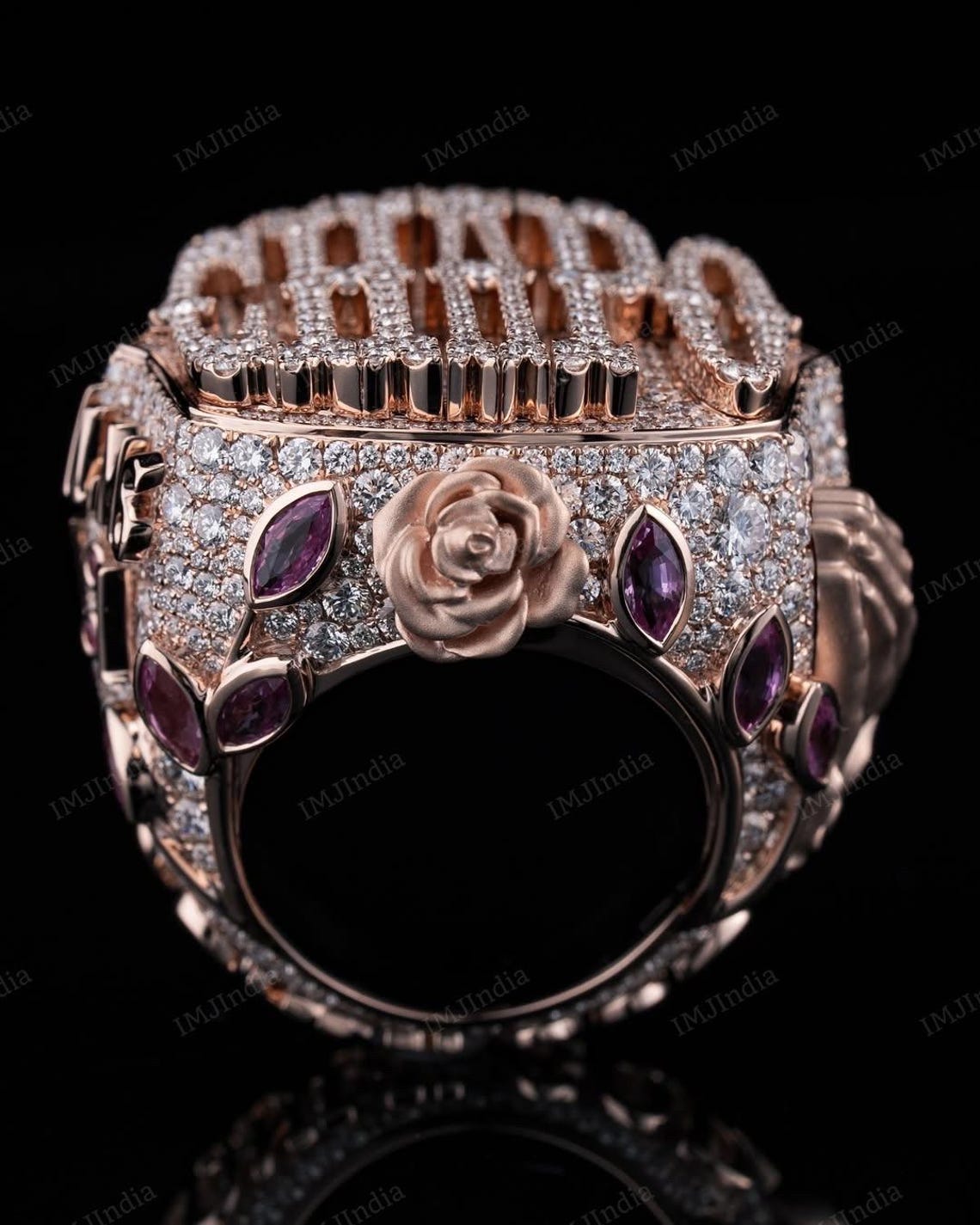 Iced Out Moissanite Ring, Custom Letter Ring With Roses & Praying Hands ...
