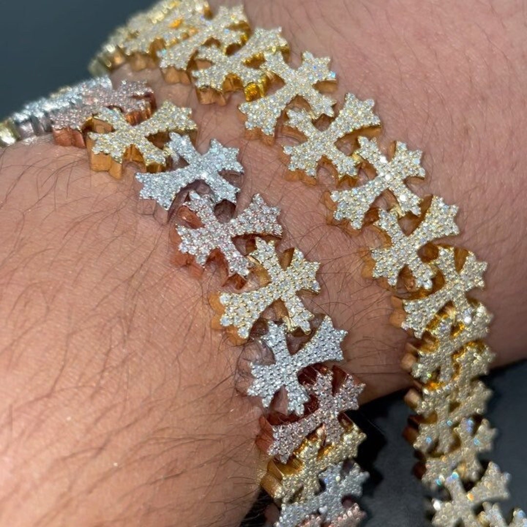 14MM Iced Out Cross Bracelet, Tennis Bracelet for Men, Two Tone Gold ...