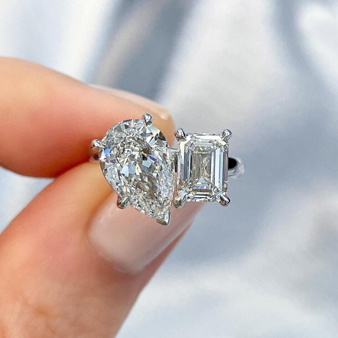 Pear & Emerald Cut Multi Shape Ring Two Stone Engagement Ring 925 ...