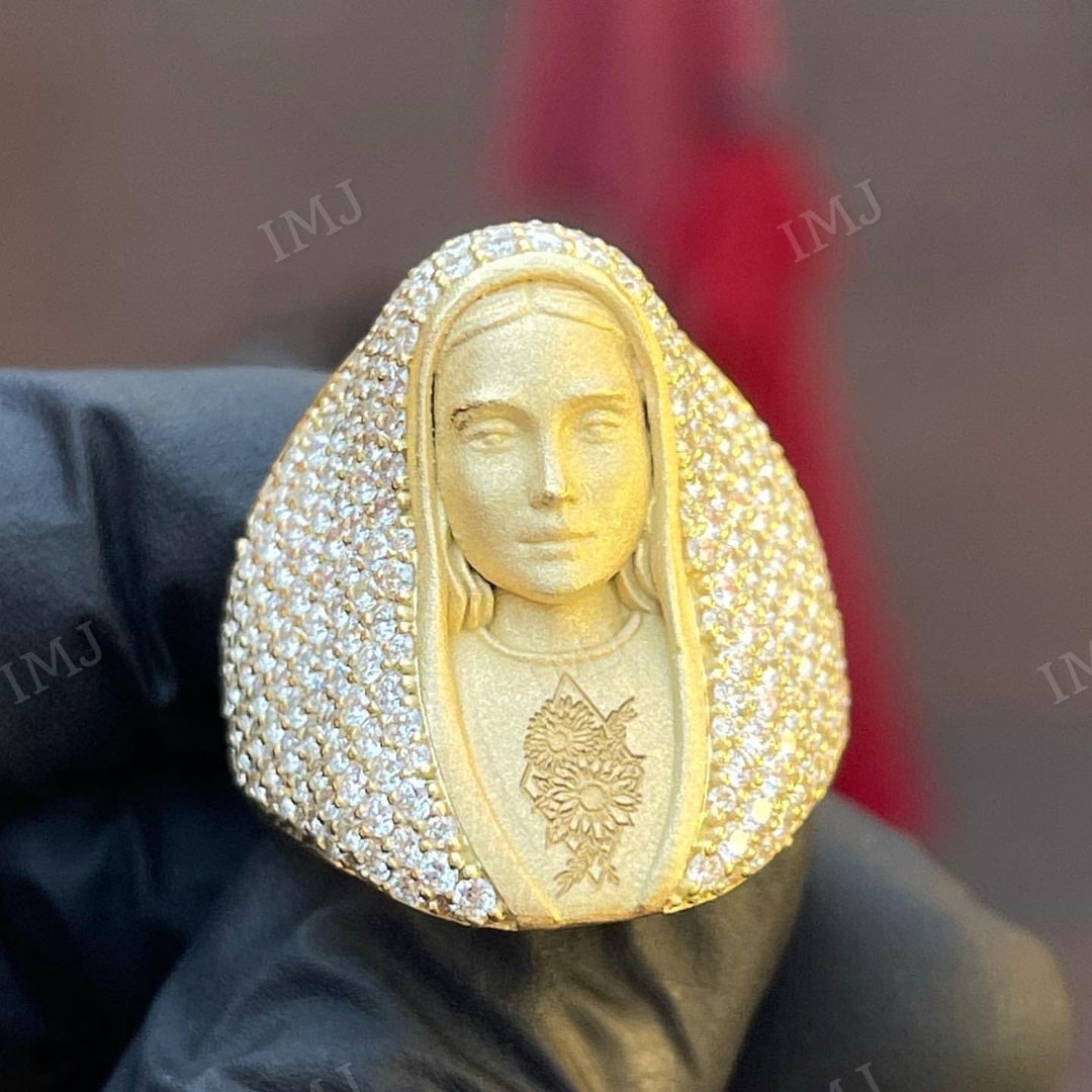 3D Iced Out Virgin Mary Ring, Mother Mary Face Hip Hop Championship ...