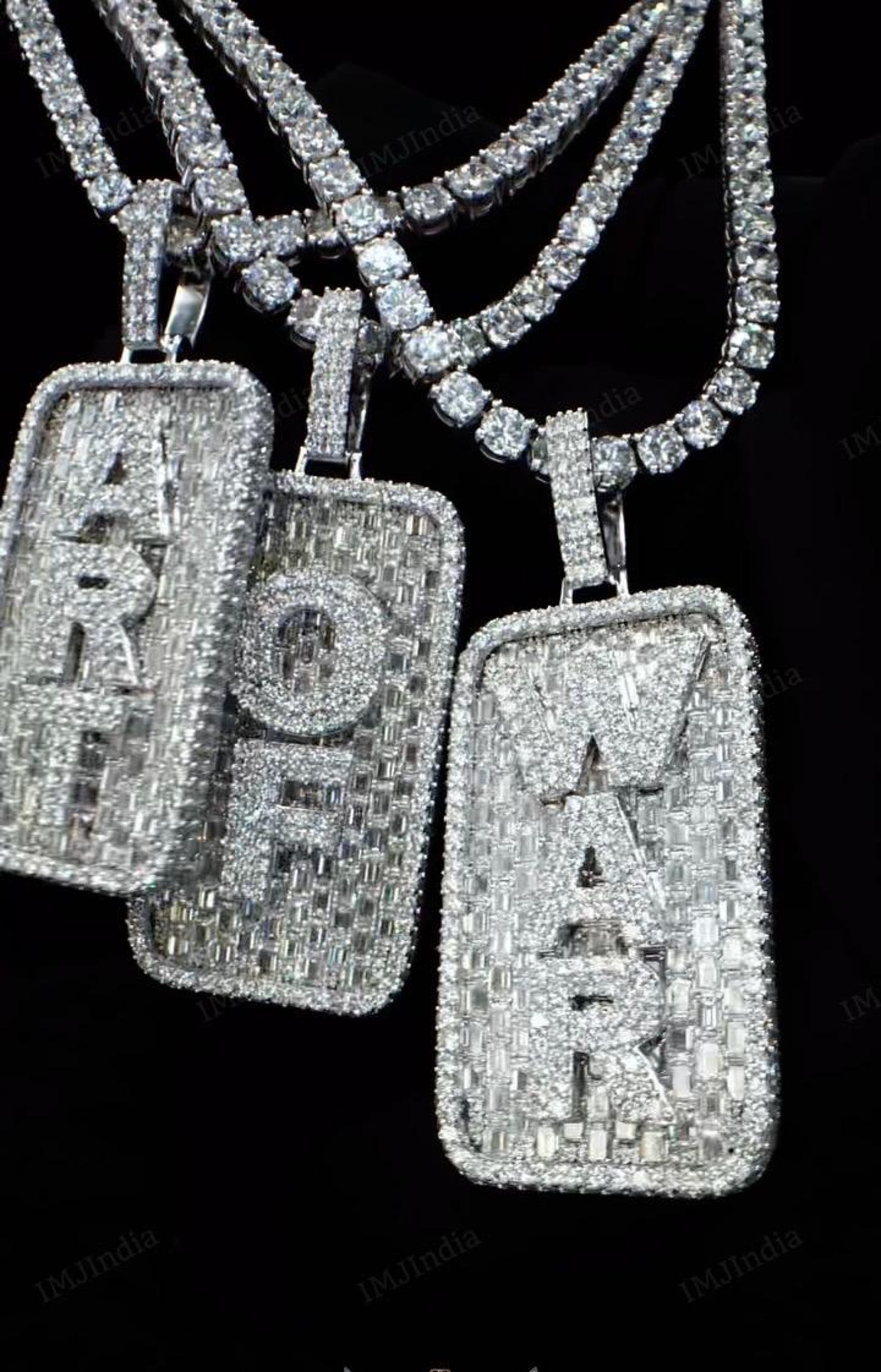 Iced Out Dog Tag Pendant With 3D Vertical Letters, Baguette Moissanite ...