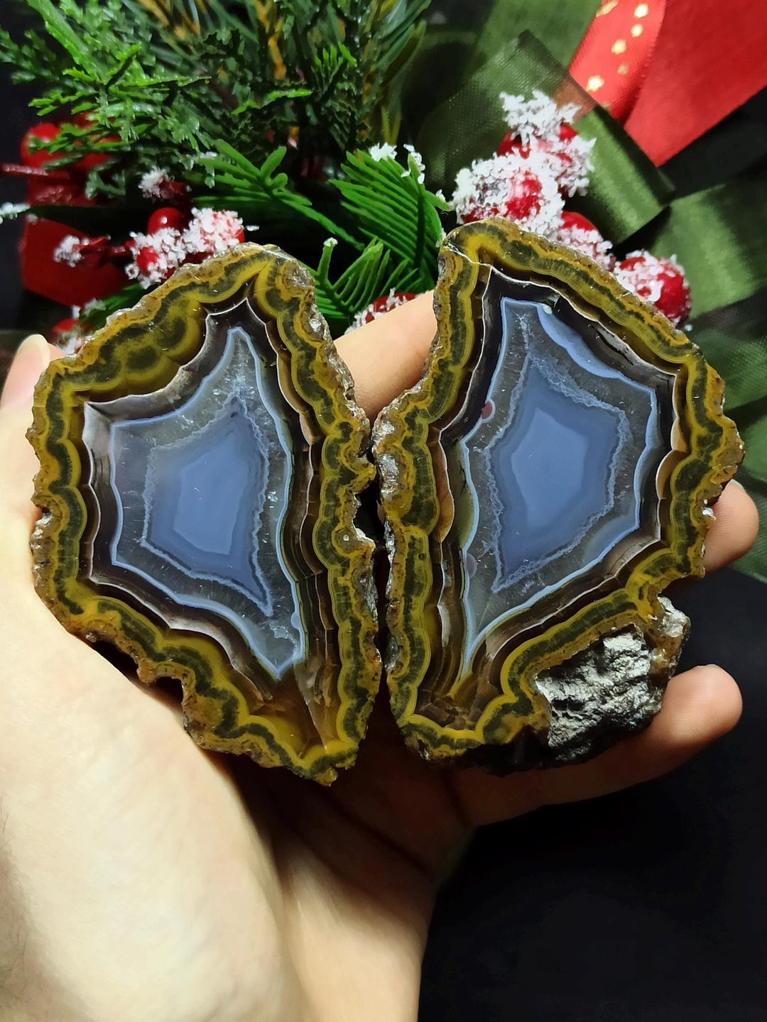 Unique Green and Blue Banded and Quartz Crystal Agate, Polished Turkish ...