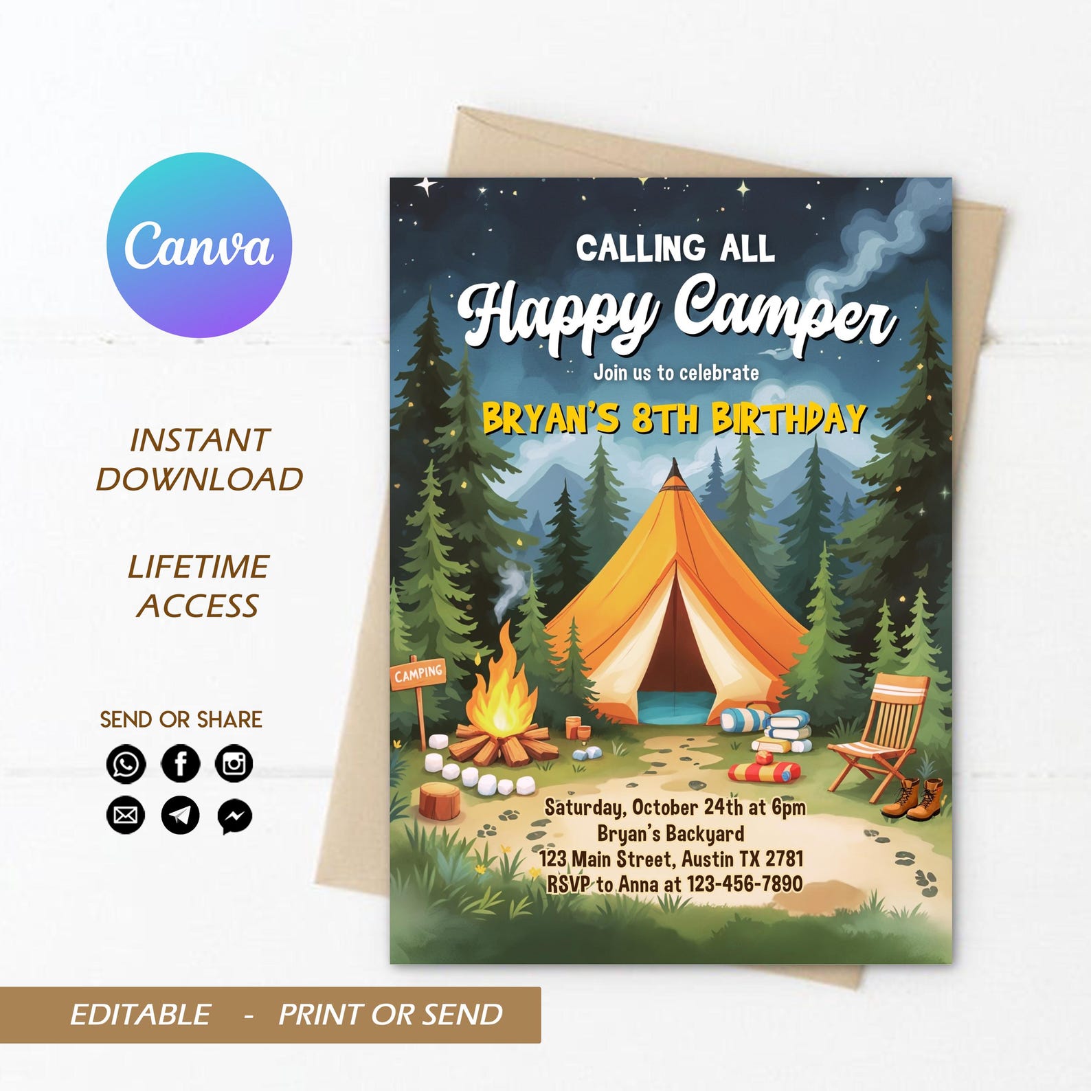 Editable Backyard Camping Invite, Campfire Party, Adventure Forest Camp ...