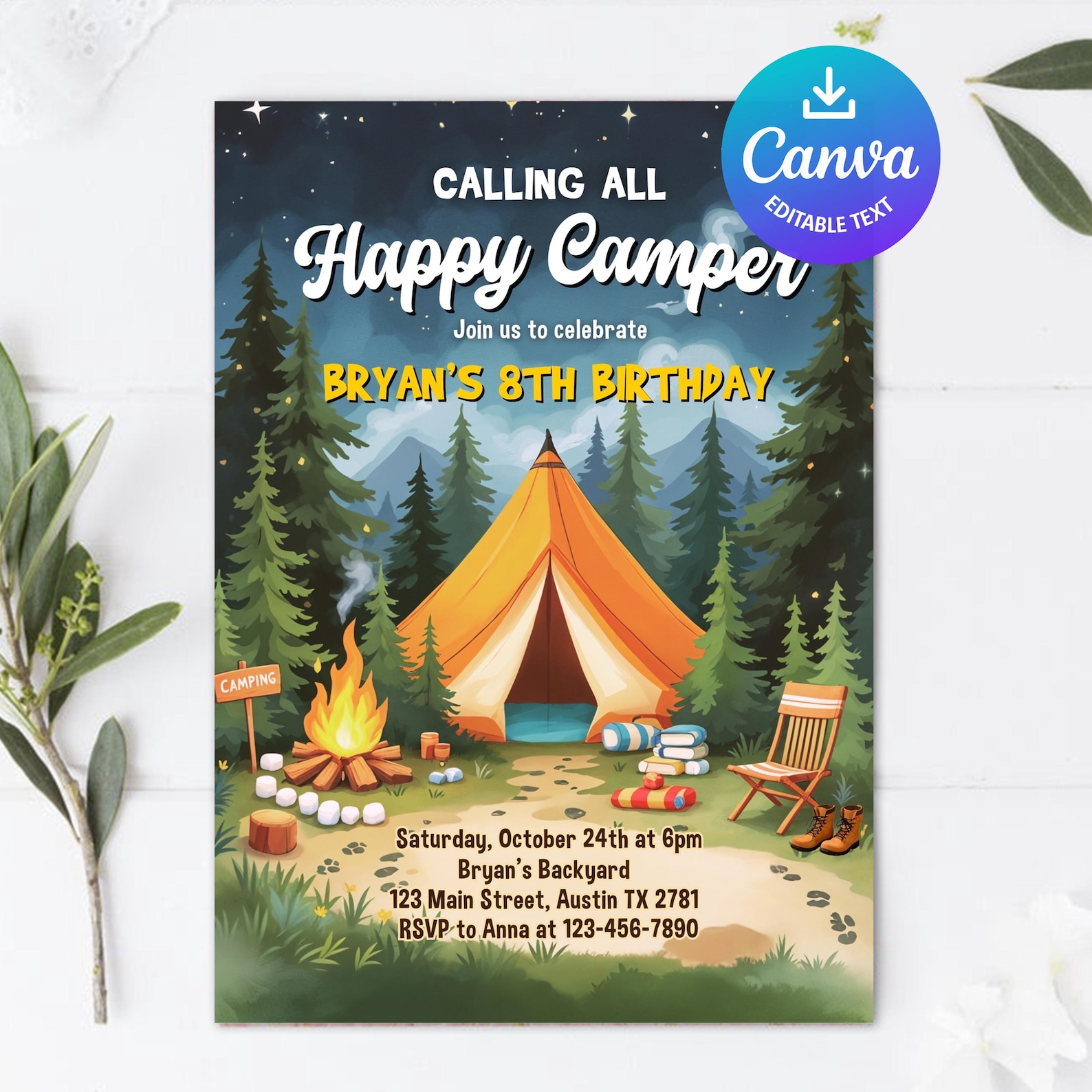 Editable Backyard Camping Invite, Campfire Party, Adventure Forest Camp ...