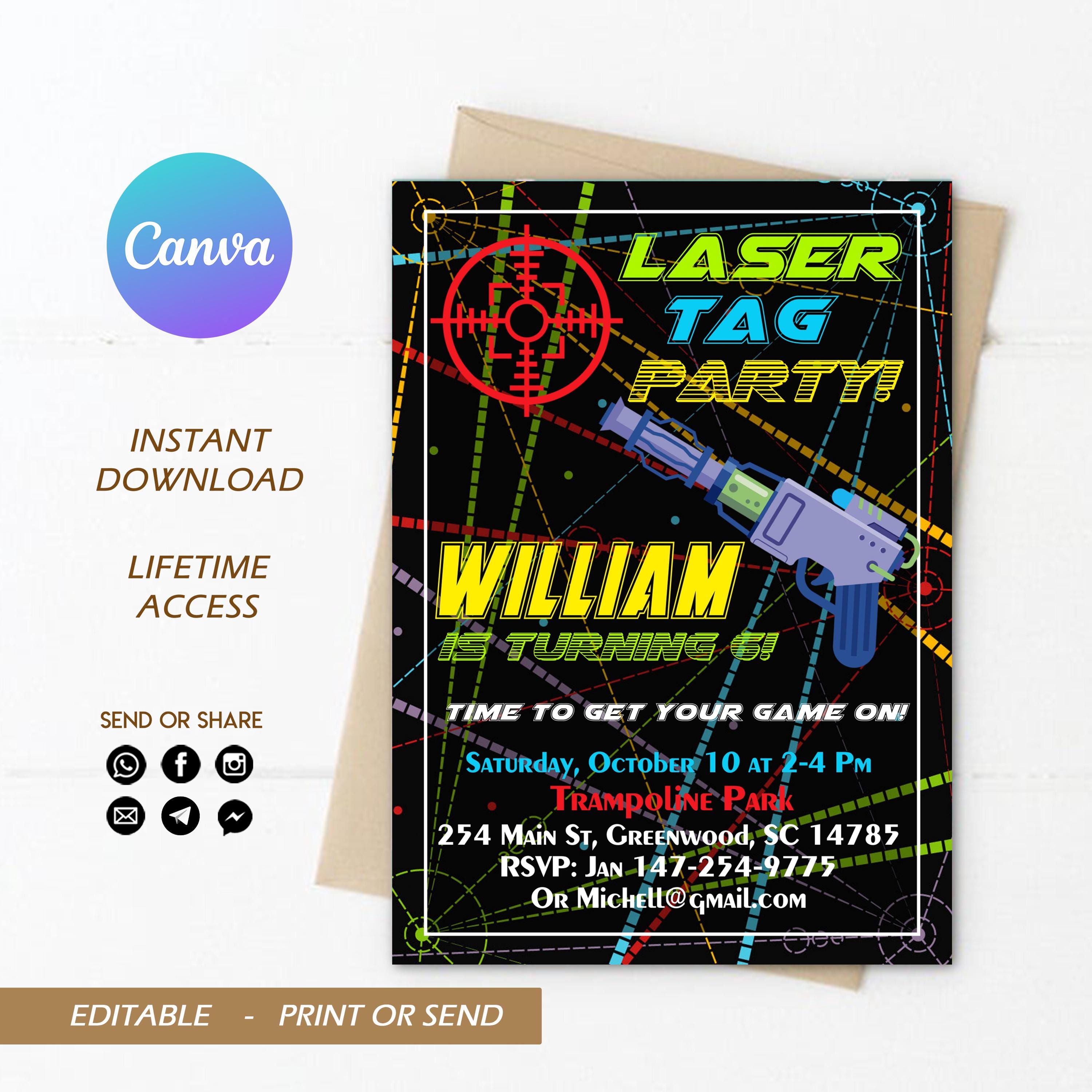 Editable Laser Tag Birthday Invitation, Neon Laser Tag Invite, Glow ...
