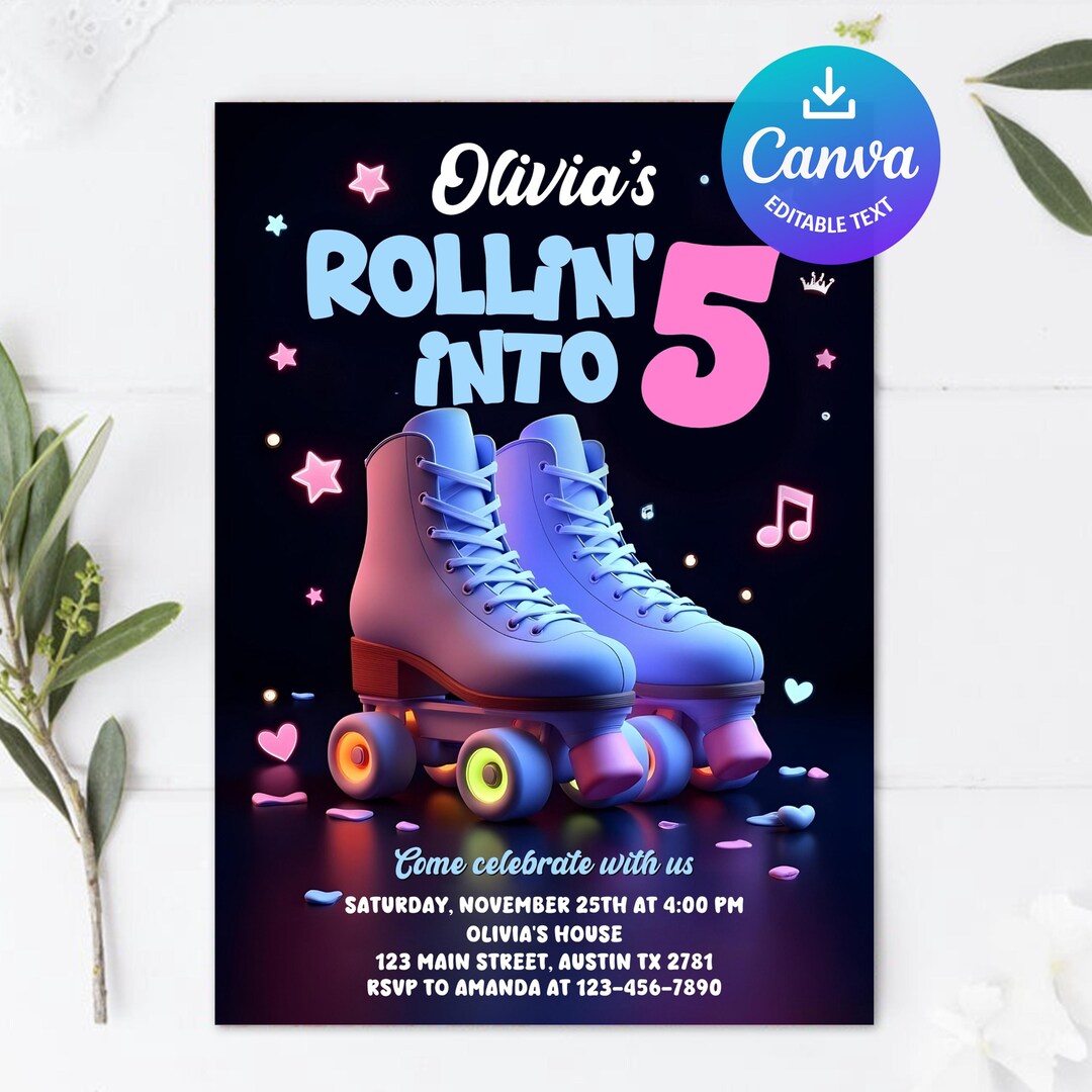 Editable Roller Skating Invitation, Glow Roller Skating Party, Retro ...