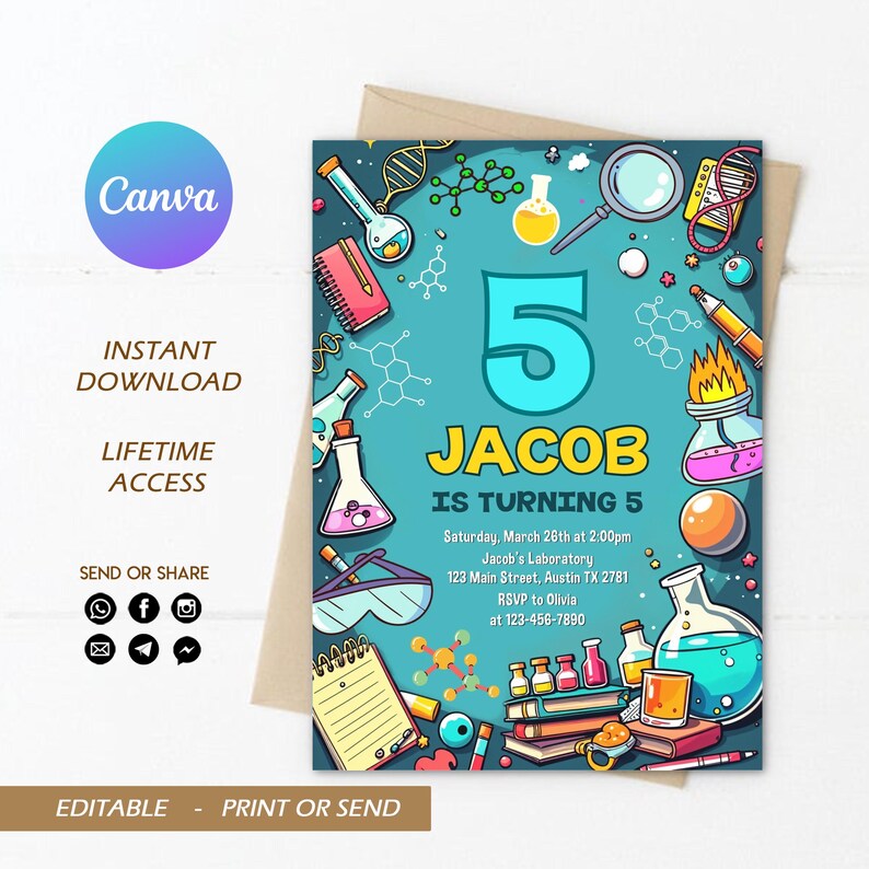 EDITABLE Mad Science Birthday Invitation, Science Invitation, Neon Lab ...