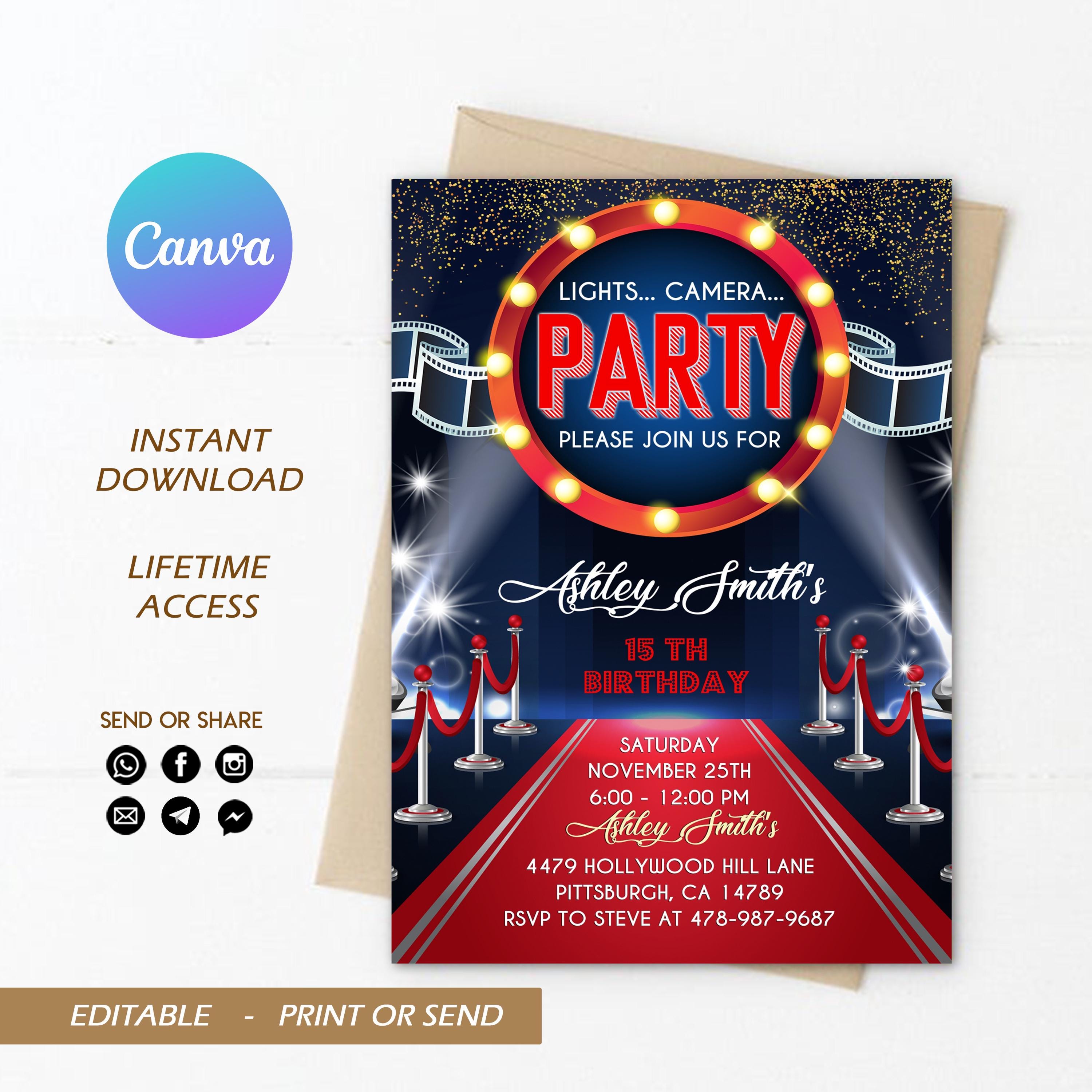 Red Carpet Invitation, Star VIP Pass Birthday Party, Glamorous ...