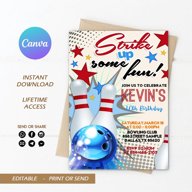 Editable Bowling Birthday Invitation, Kids Bowling Invitation, Let's ...