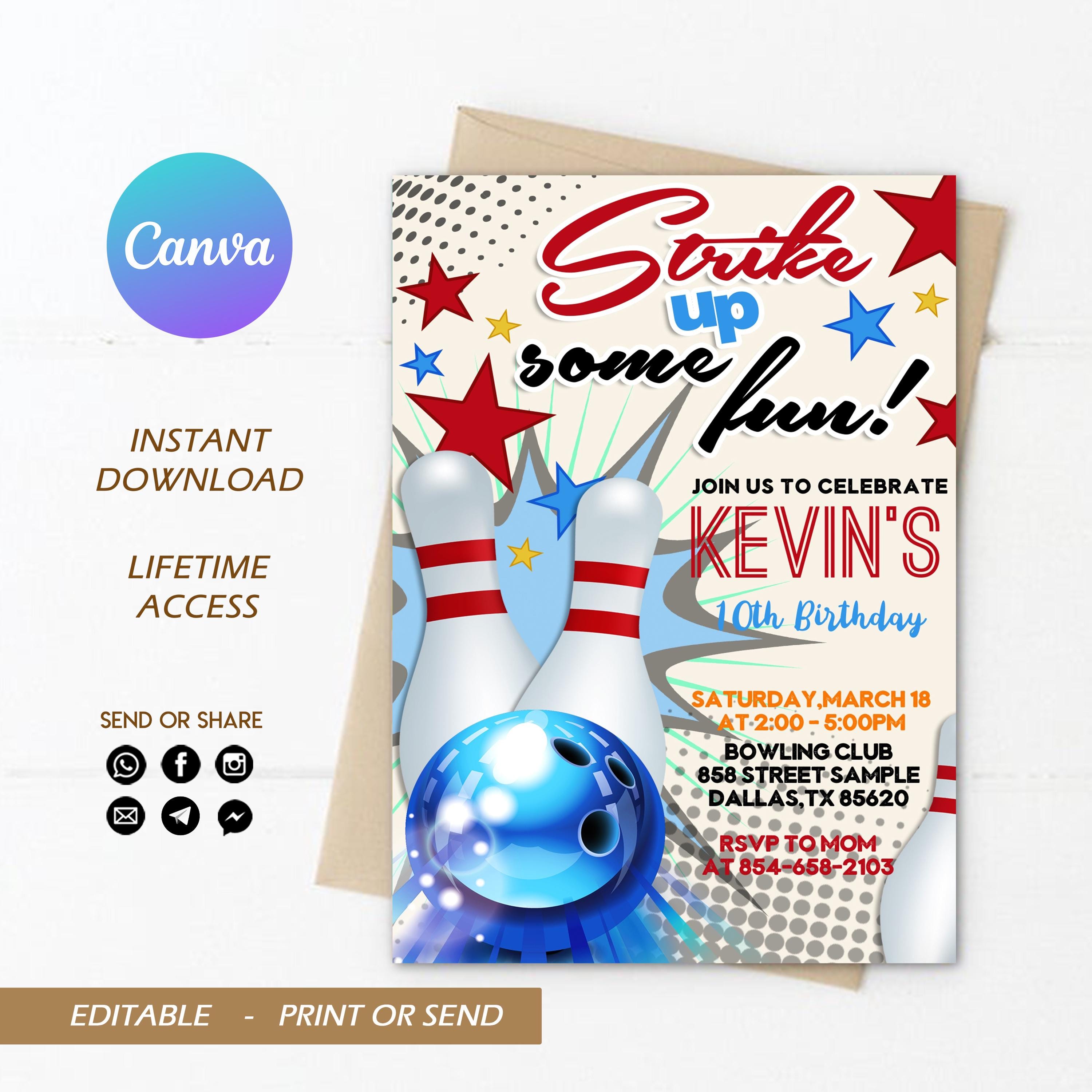 Editable Bowling Birthday Invitation, Kids Bowling Invitation, Let's ...