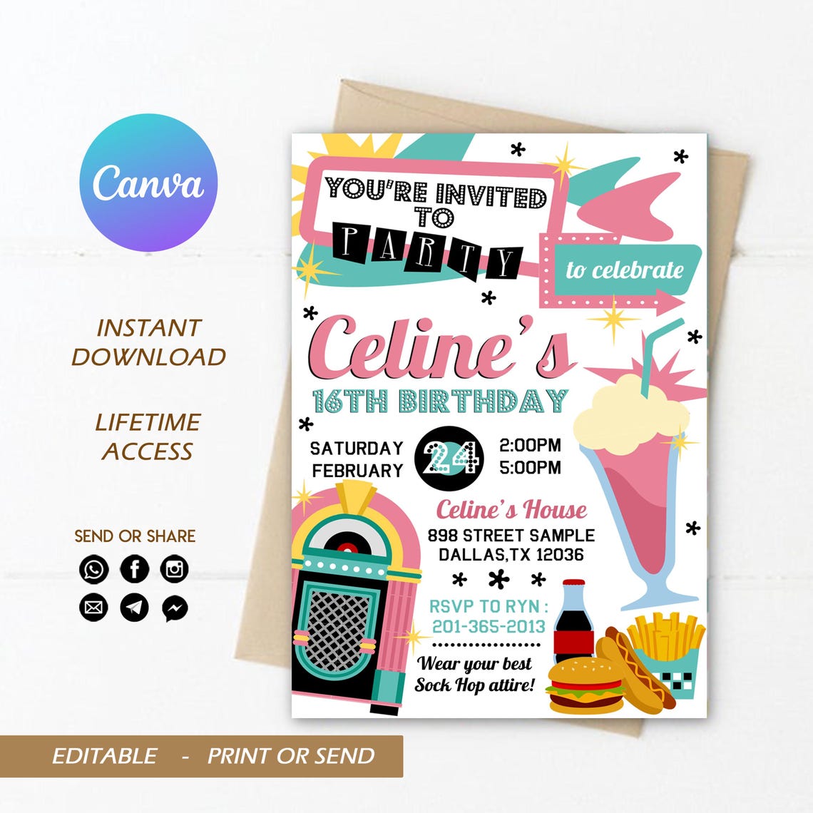 Editable 50's Birthday Invitation, 50s Birthday Party Invitation, Retro 50s Theme Invite, Retro ...