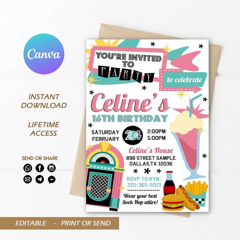 Editable 50's Birthday Invitation, 50s Birthday Party Invitation, Retro ...
