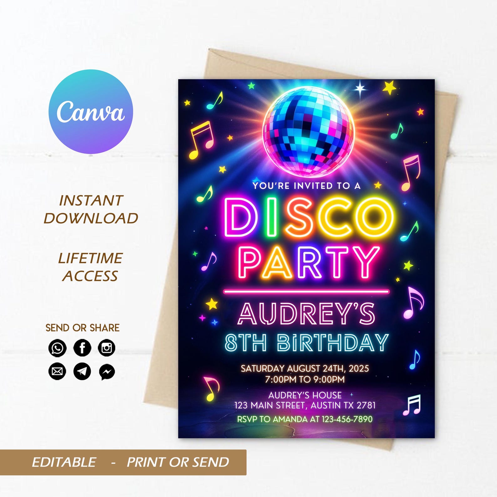 Editable Disco Party Birthday Invitation, Disco Ball Birthday Party ...
