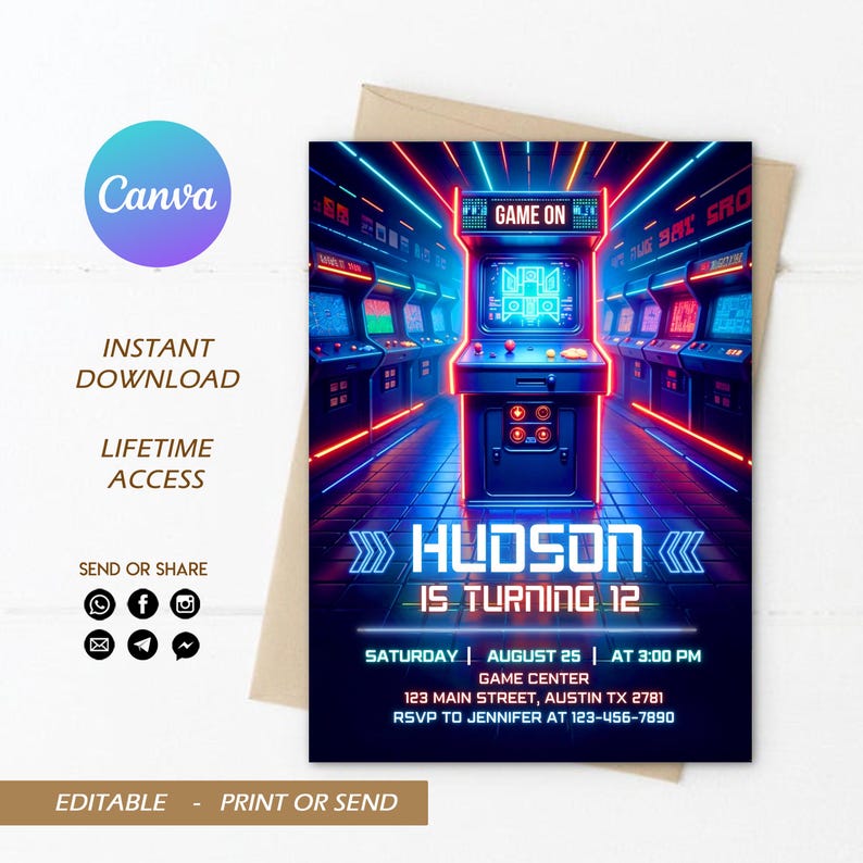 Arcade Birthday Invitation Template, Arcade Invitation, Neon Glow ...