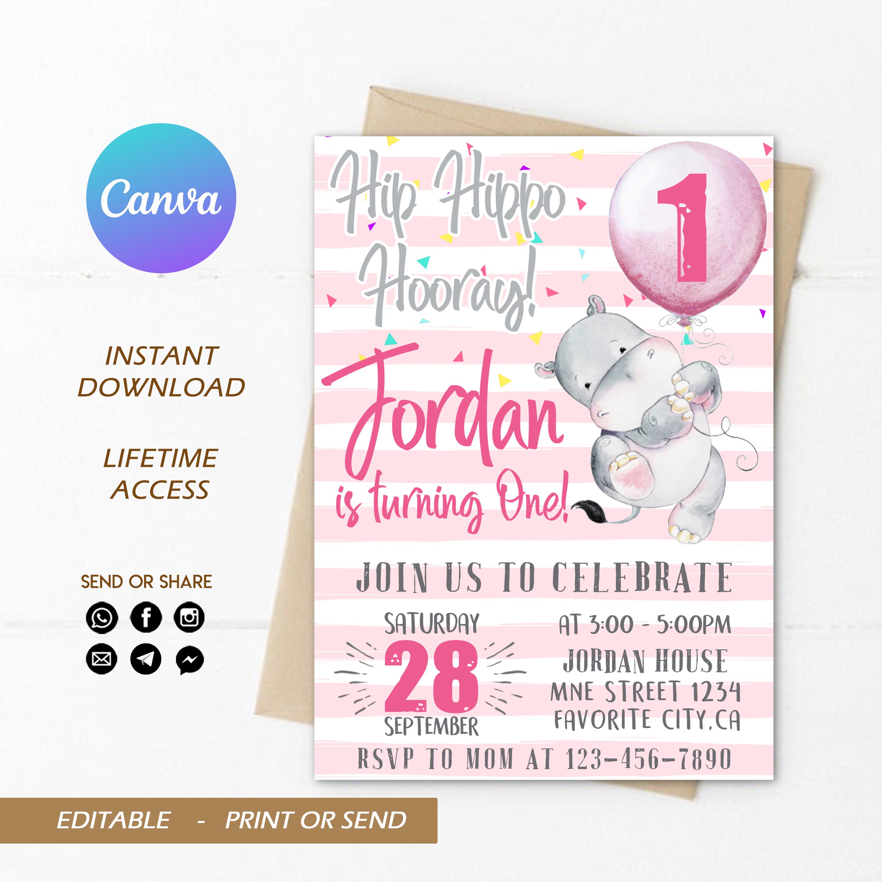 Hip Hippo Hooray Birthday Invitation, Pink Hippo Girl Birthday Invite ...