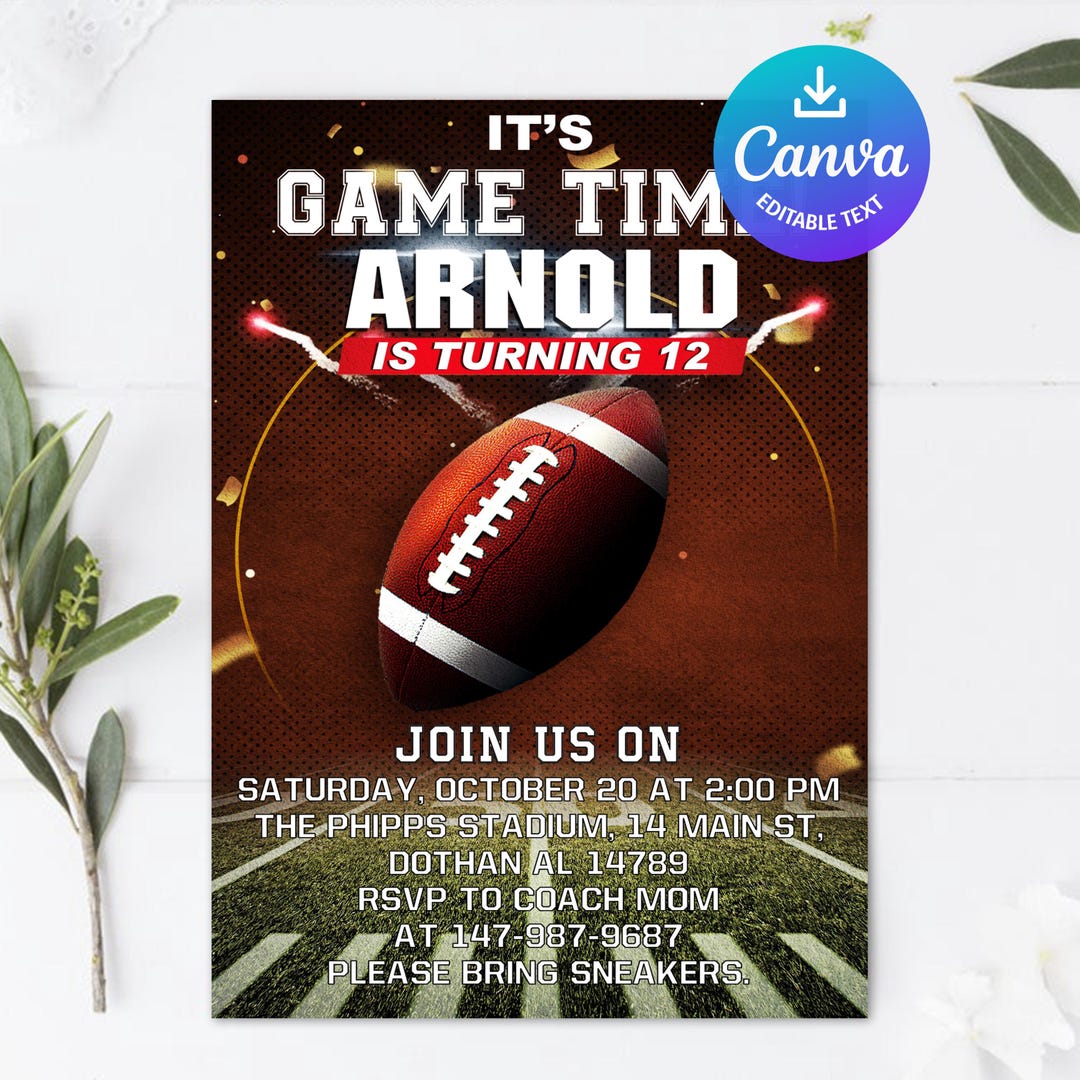 Editable Football Themed Birthday Party Invitation, Football Invitation ...