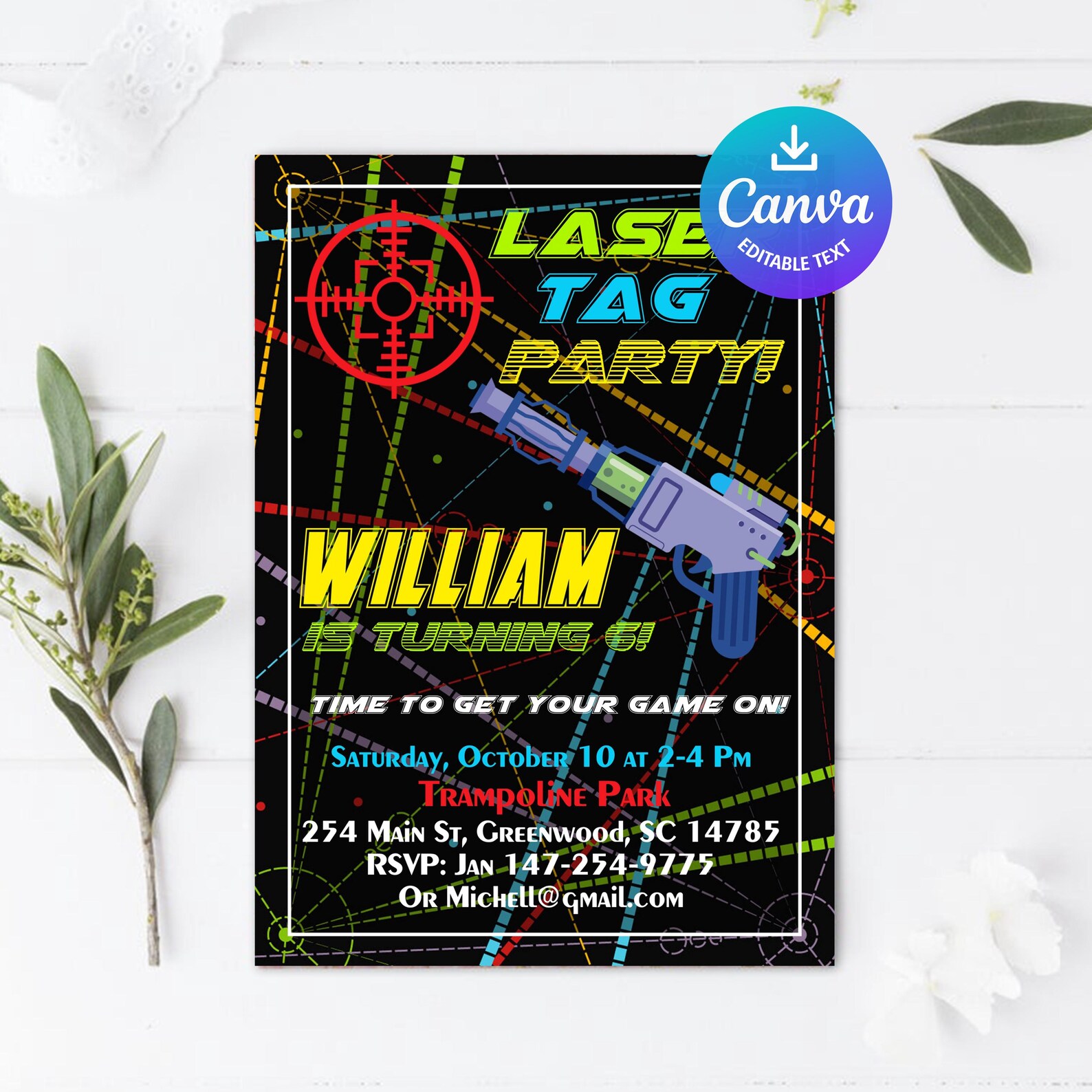 Editable Laser Tag Birthday Invitation, Neon Laser Tag Invite, Glow ...